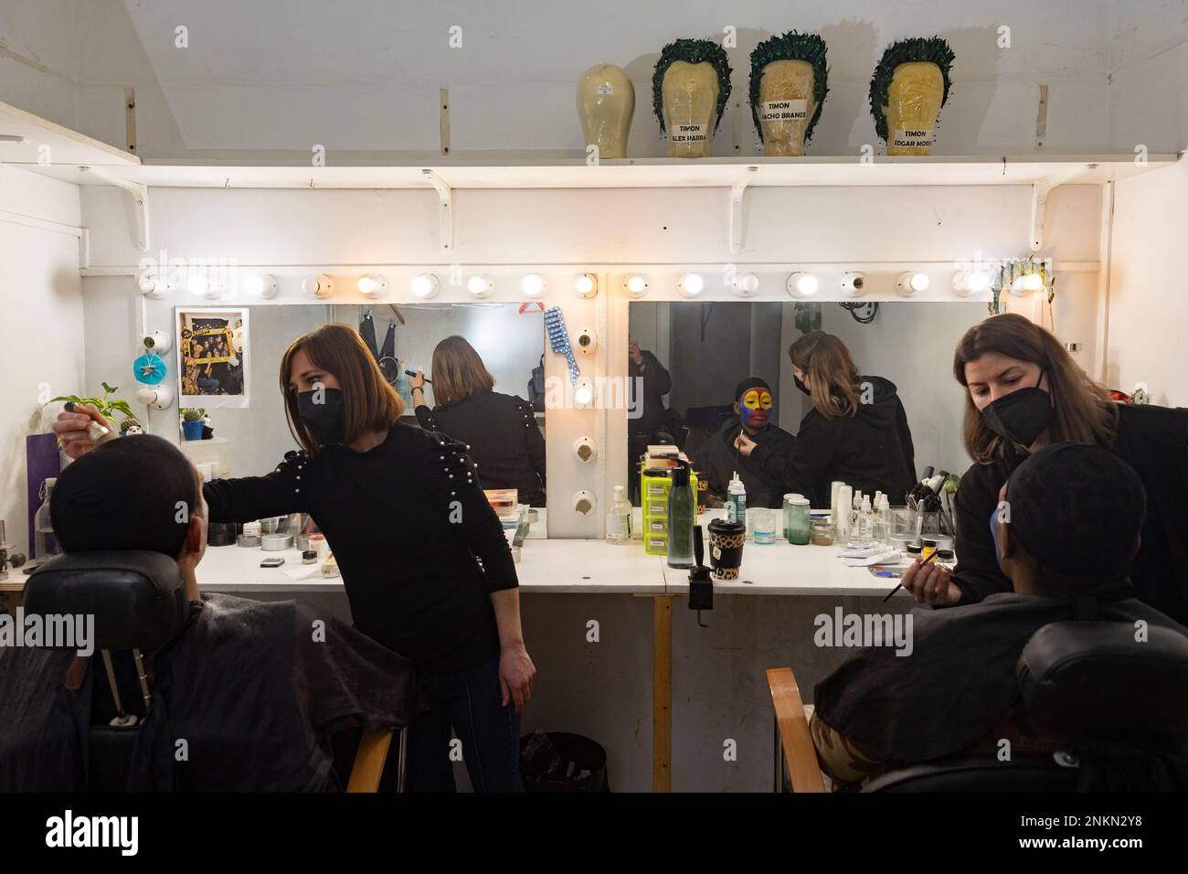 Two makeup artists make up the actors Lindiwe Mkhize, who plays Rakifi ...