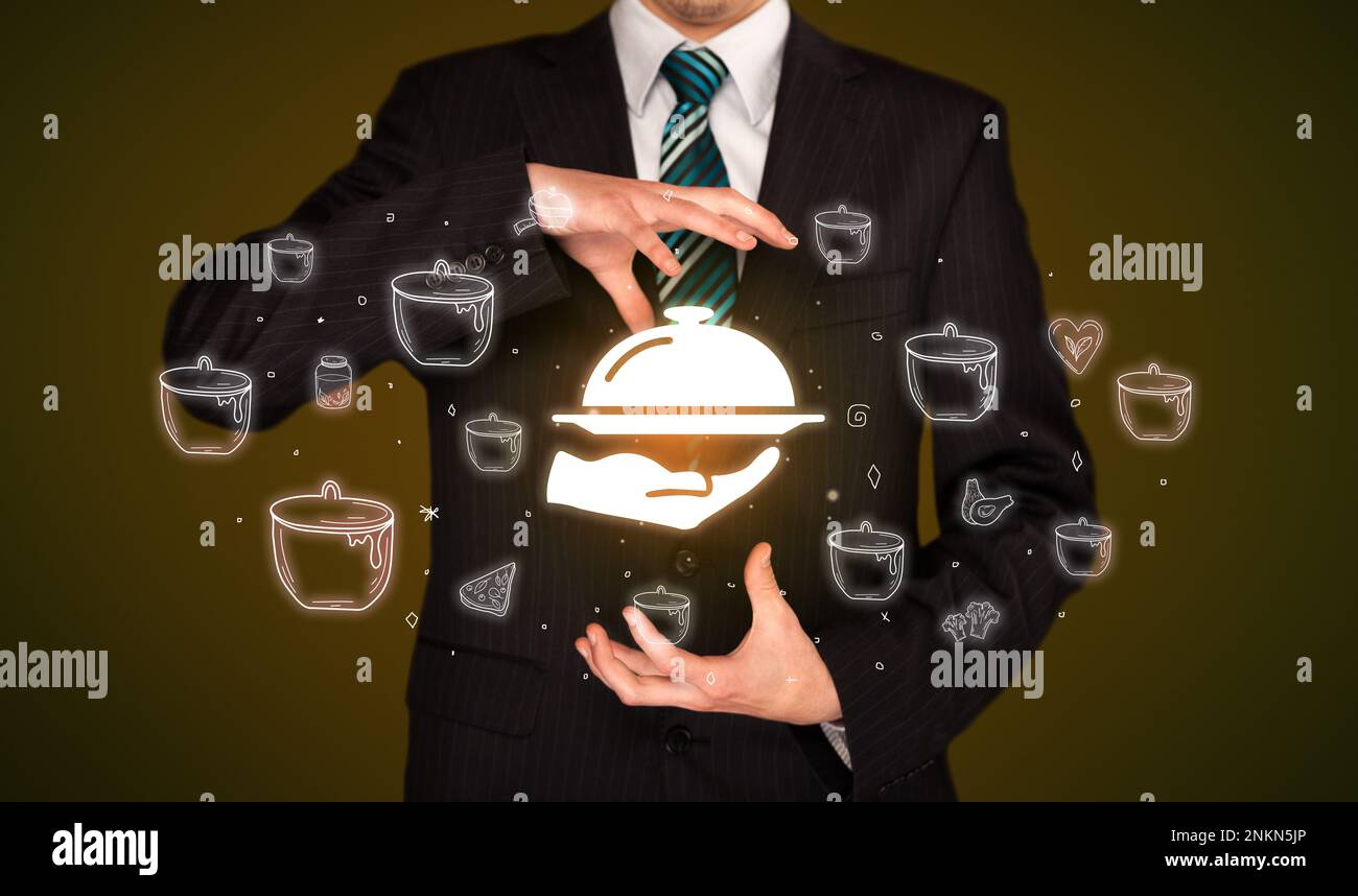 Hand holding food related icons Stock Photo - Alamy