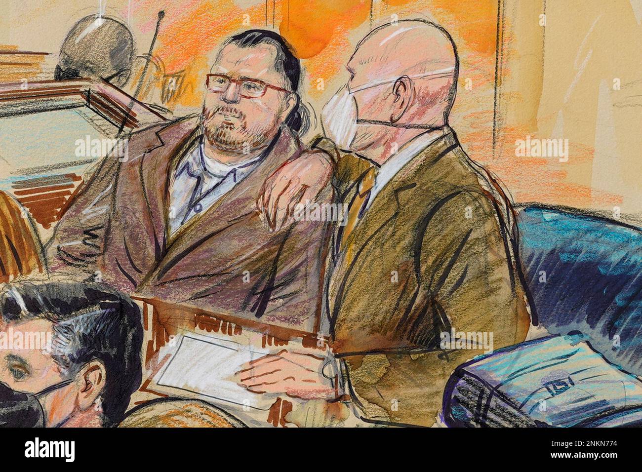 This artist sketch depicts Guy Wesley Reffitt, joined by his lawyer ...