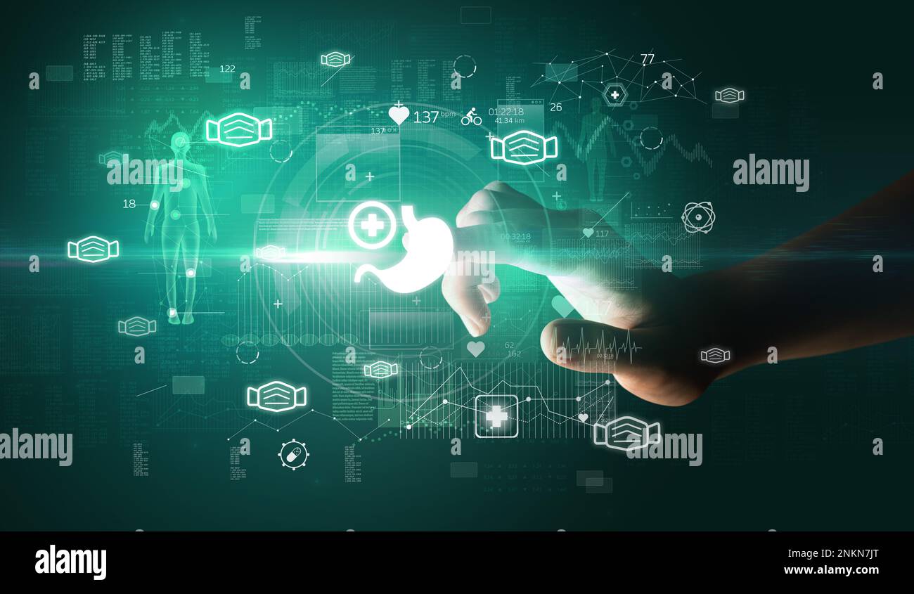 Doctor hand pressing futuristic health device with medical symbol on ...