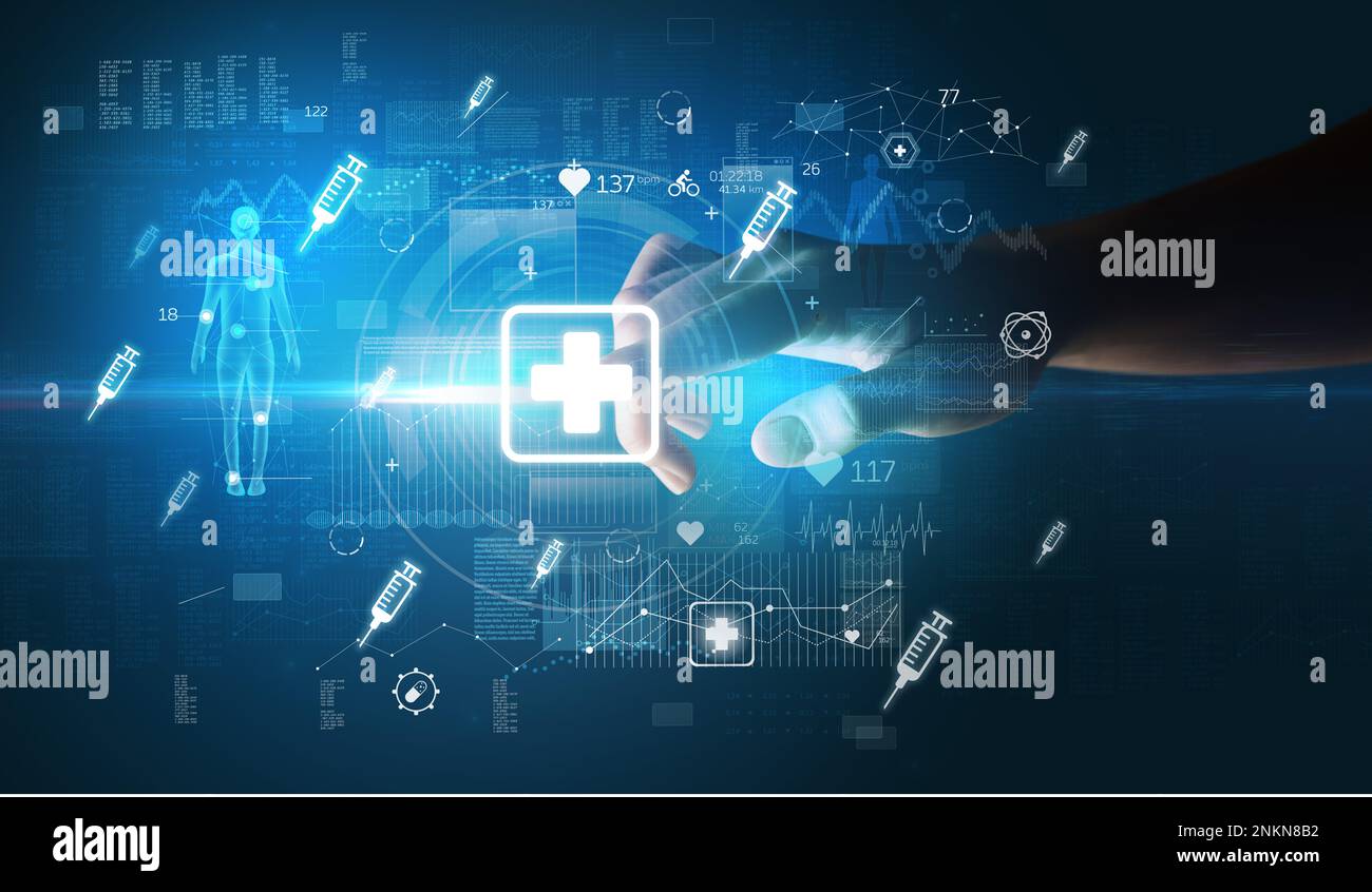 Doctor hand pressing futuristic health device with medical symbol on screen Stock Photo - Alamy