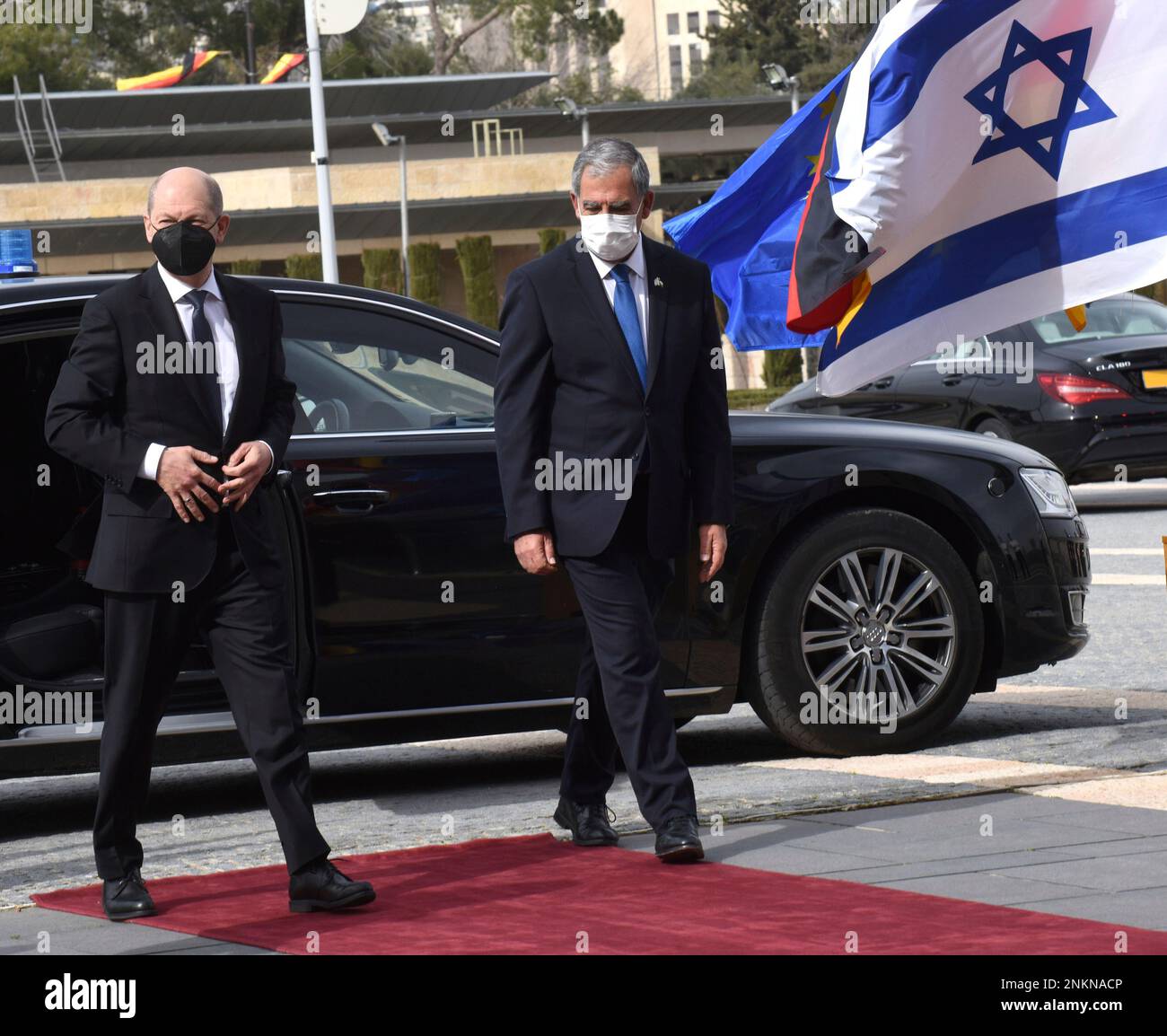 German Chancellor Olaf Scholz, left, walks with Israeli Knesset Speaker ...