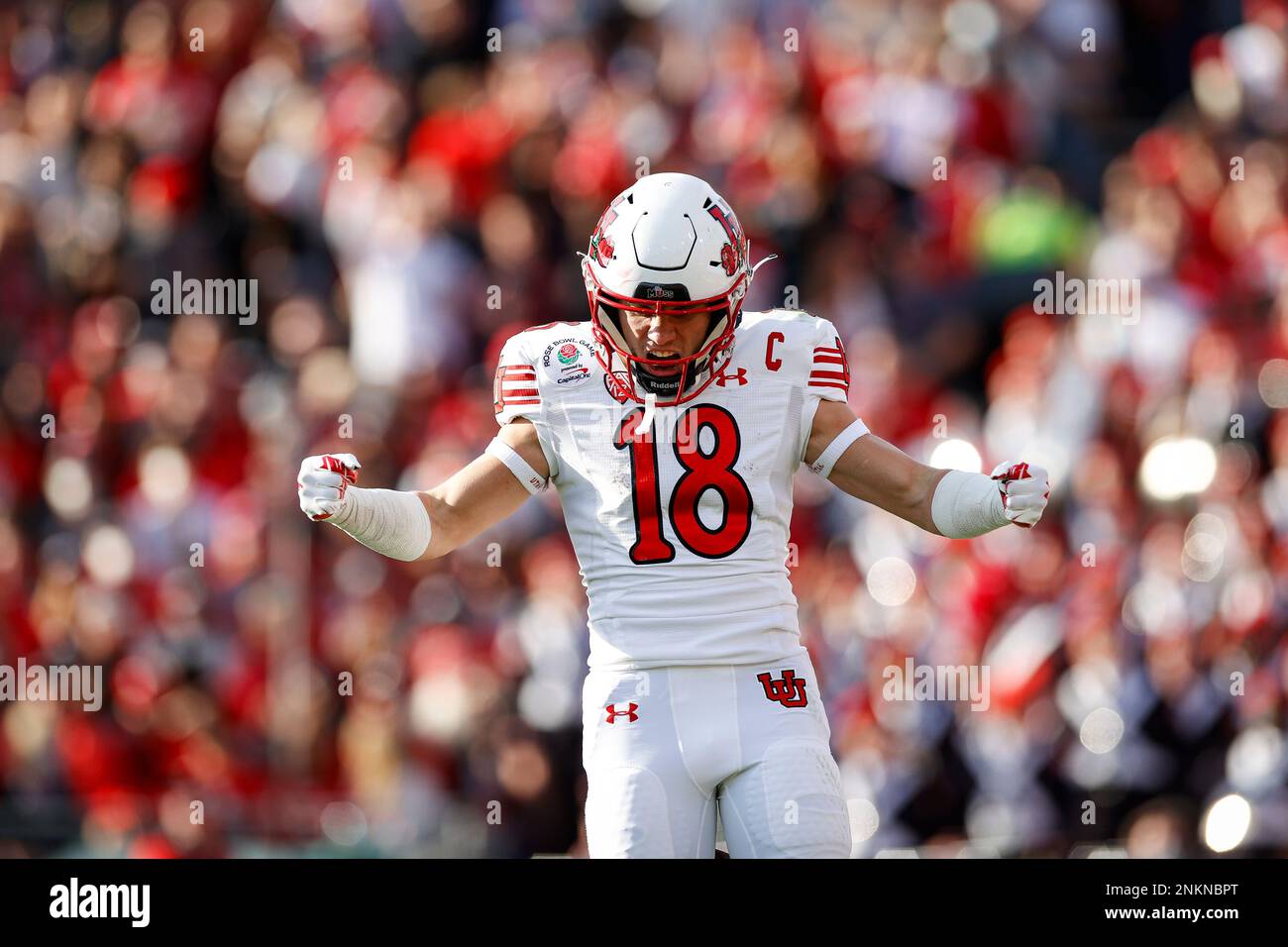 Utah wide receiver Britain Covey (18) celebrates during the 108th Rose ...