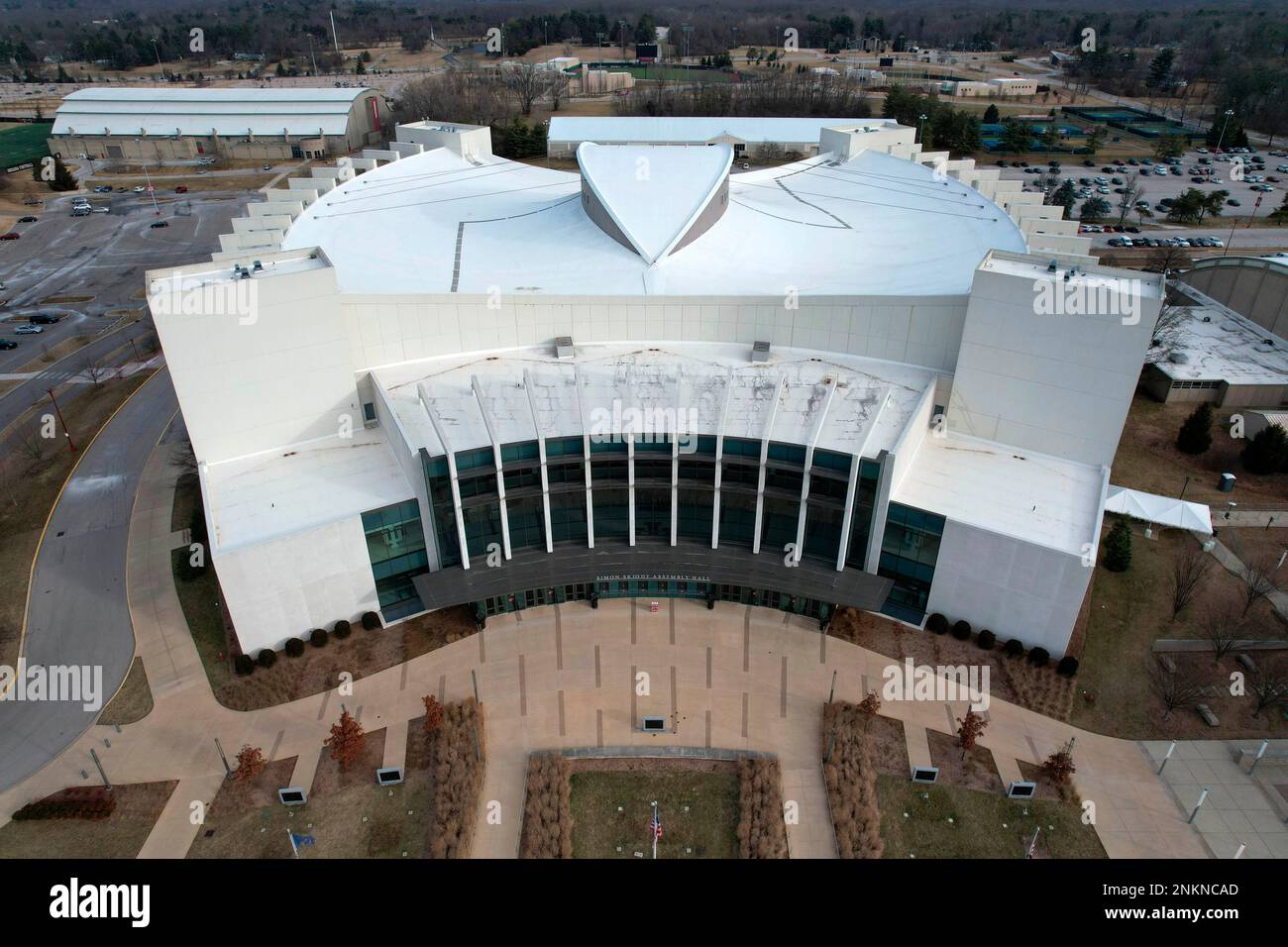 An aerial view of Simon Skjodt Assembly Hall on the campus of Indiana ...