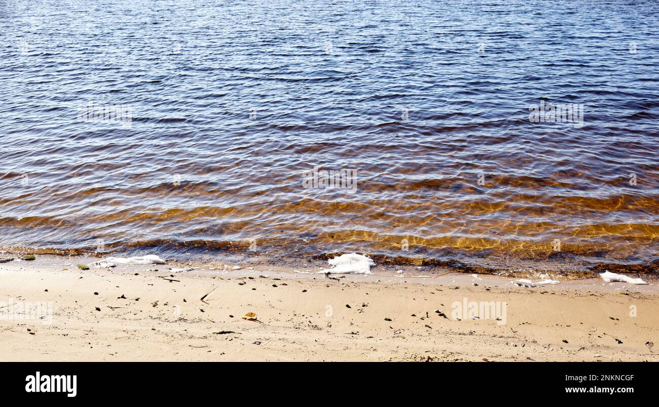 Water's edge on the shore. Wave of blue sea on sandy beach. Beautiful ...