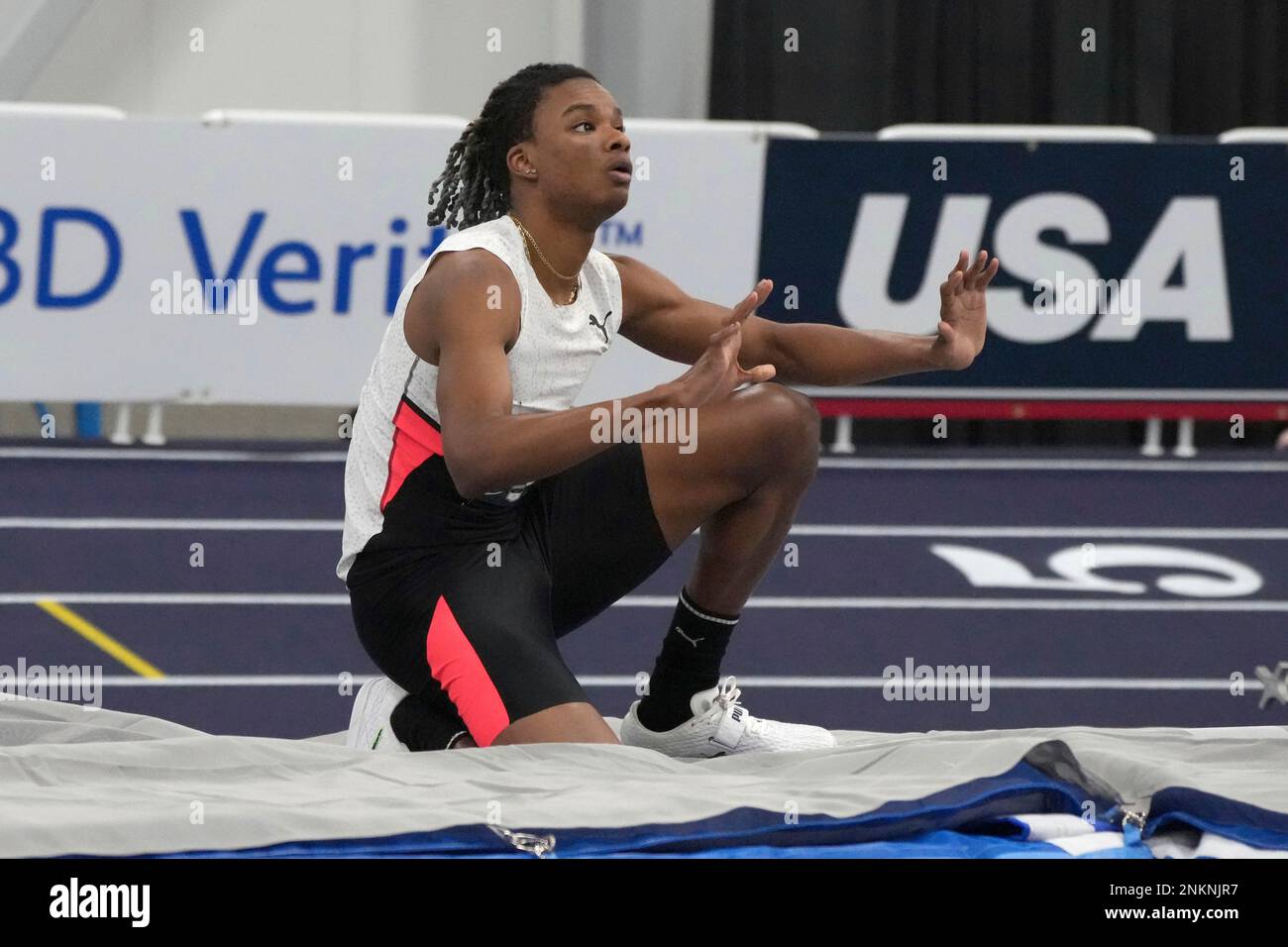 JuVaughn Harrison reacts after a clearance in the high jump during the ...