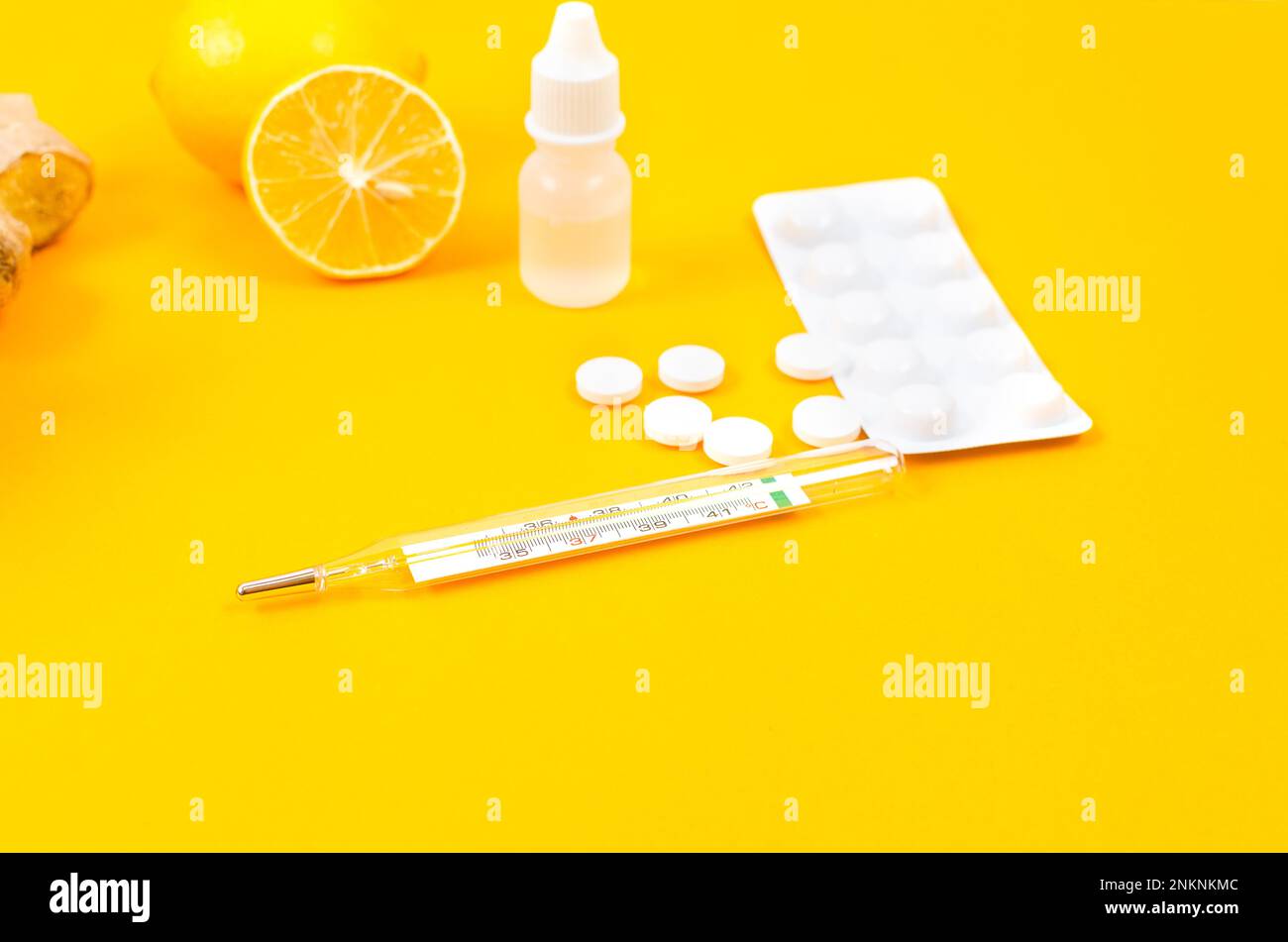 Medicines for treatment- pills, spray bottles, blister and thermometer ...