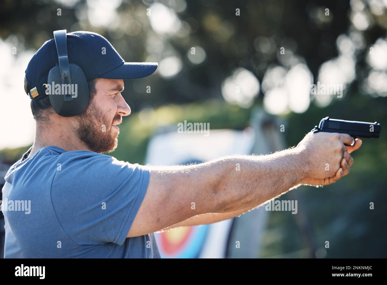 Man, gun training and target for outdoor challenge, goals and aim for ...