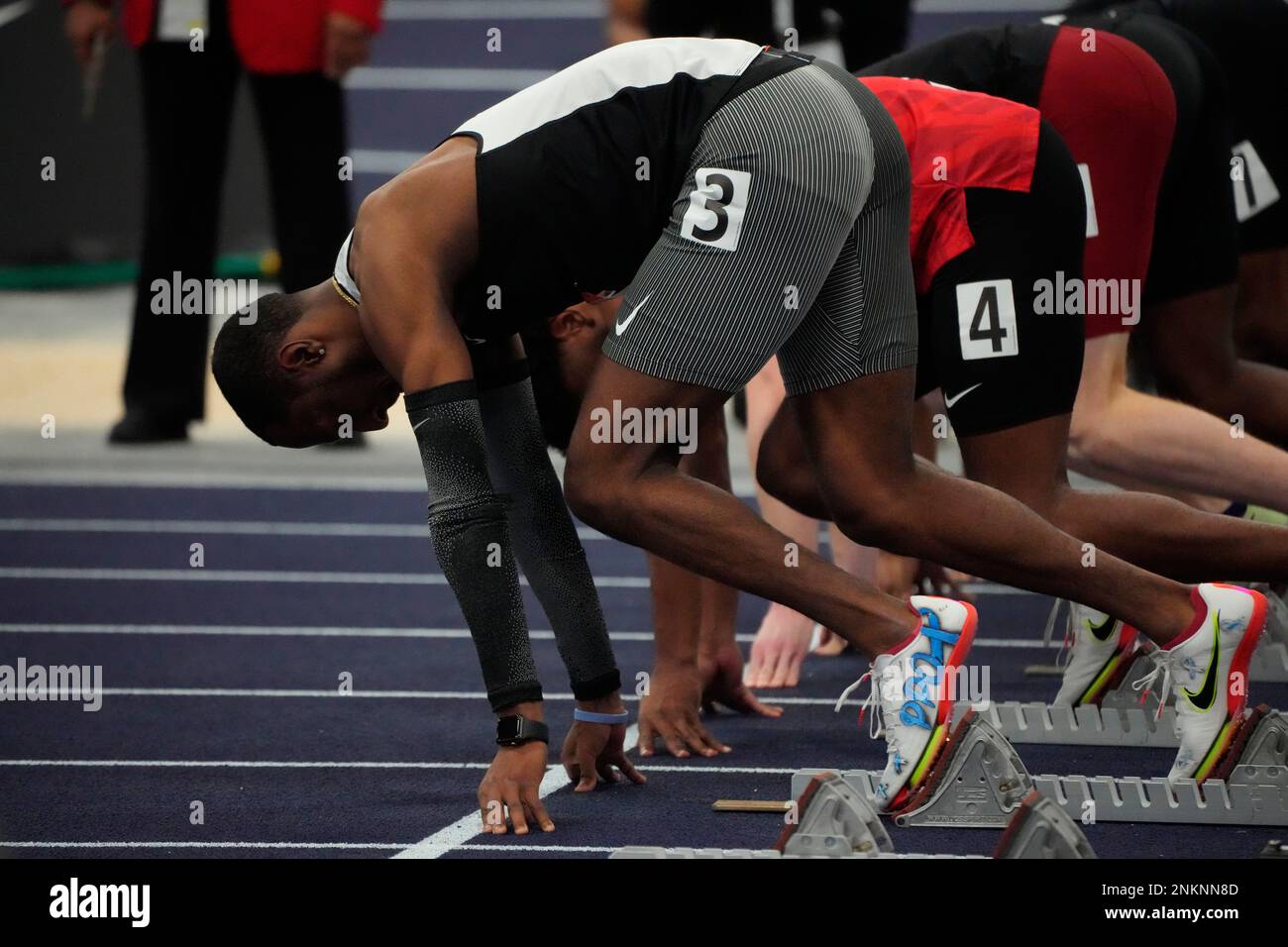 Jaylan Mitchell in the starting blocks of a 60m heat during the USA Indoor Championships at The ...