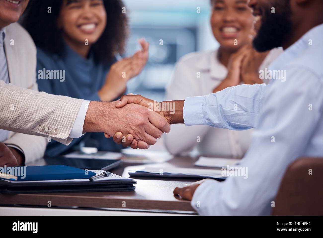 Handshake, congratulations and business people meeting for a deal ...