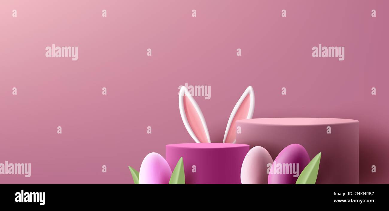 Spring Easter podium, cylinder pedestal with eggs and bunny ears, pink ...