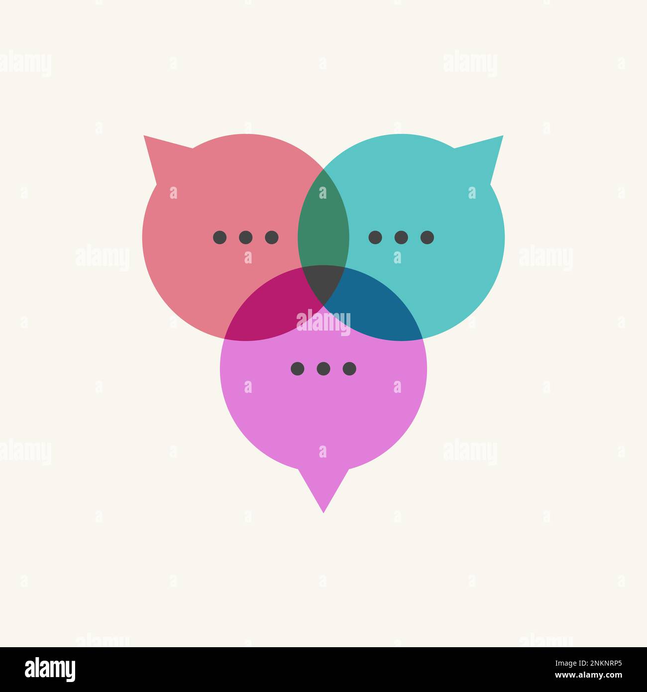 Three comment bubbles, logo message. Online communication, discussion ...