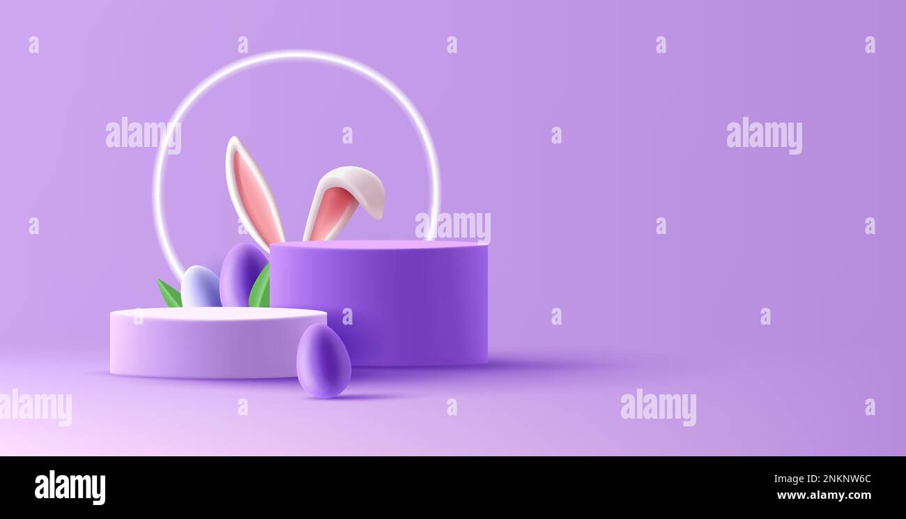 Spring Easter podium, cylinder pedestal with eggs and bunny ears and ...