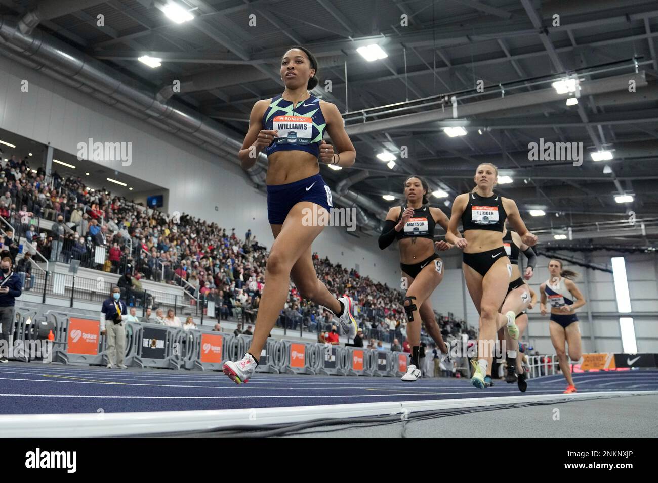 Kendell Williams leads the 800m in the women's pentathlon during the ...