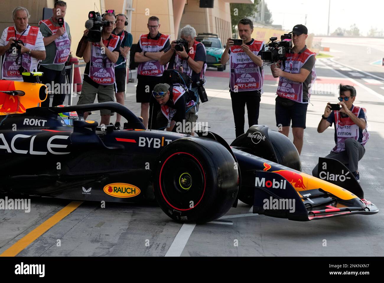 Red Bull driver Sergio Perez of Mexico drives his car out of the garage during a Formula One pre ...