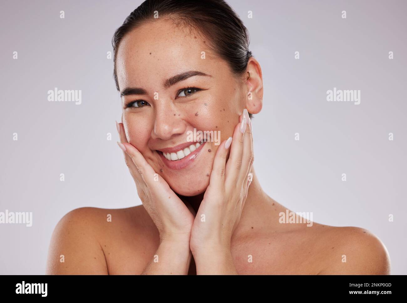 Woman, hand on face and skincare portrait in studio for beauty ...