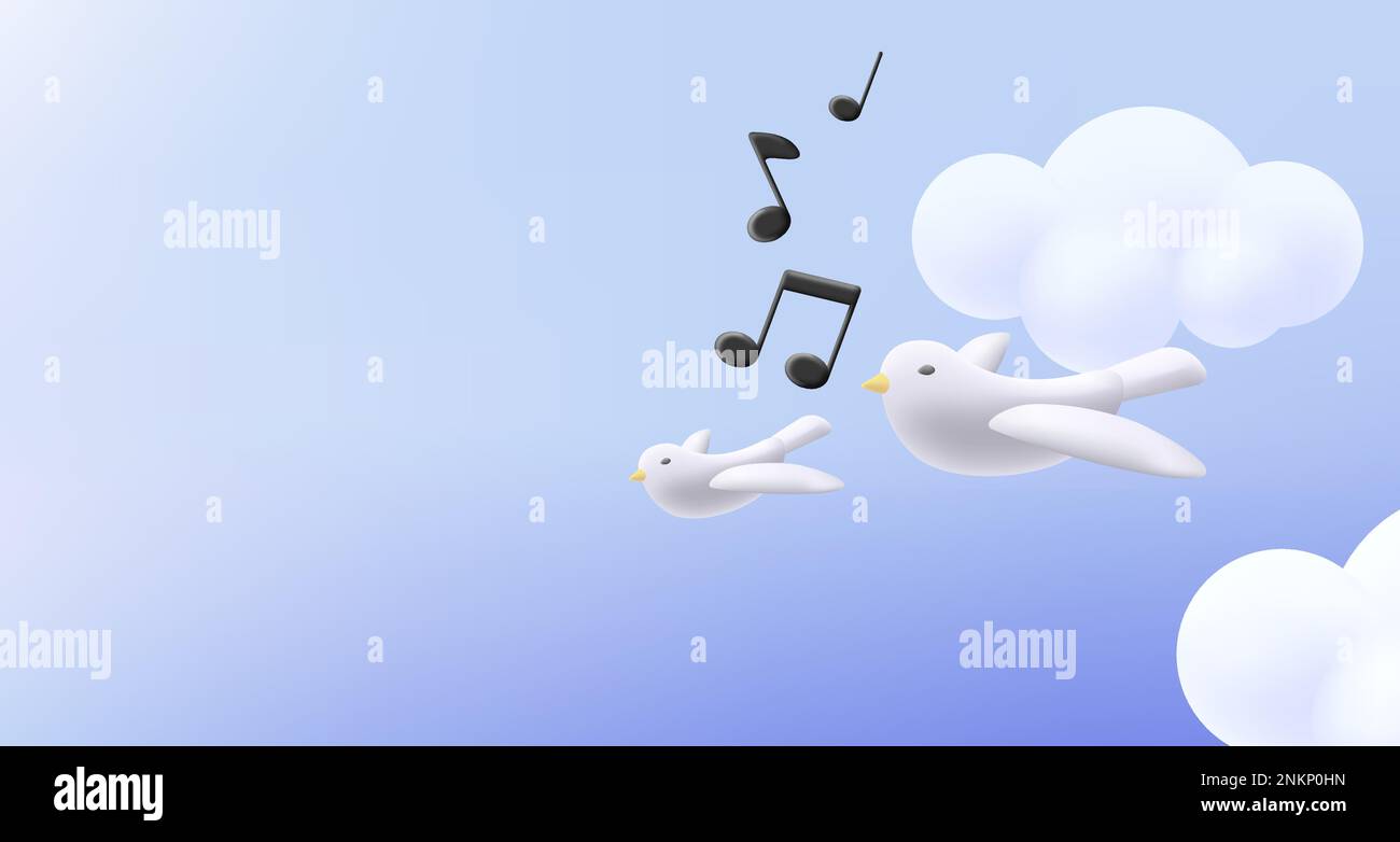 Flying white doves with music notes, singing birds in the sky, 3d ...