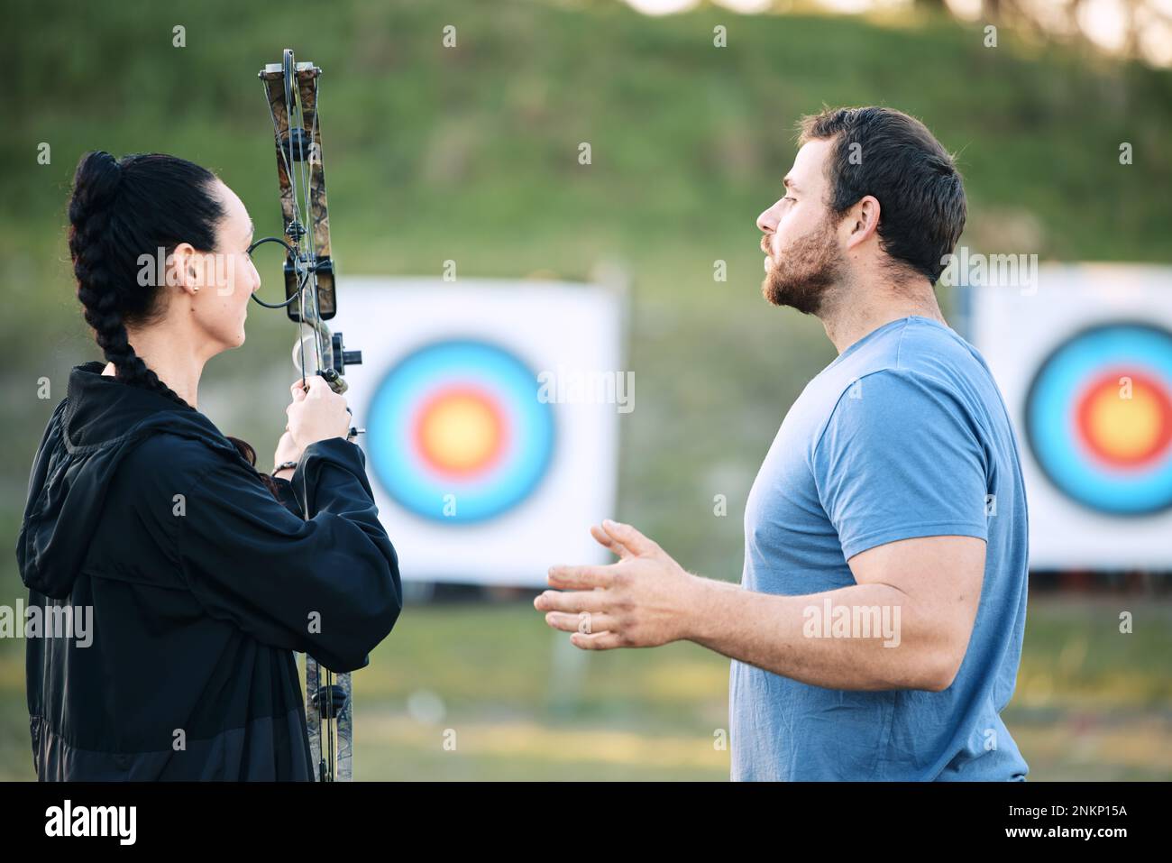Sports, archery coach or bow and arrow learning for archer competition, athlete challenge or ...