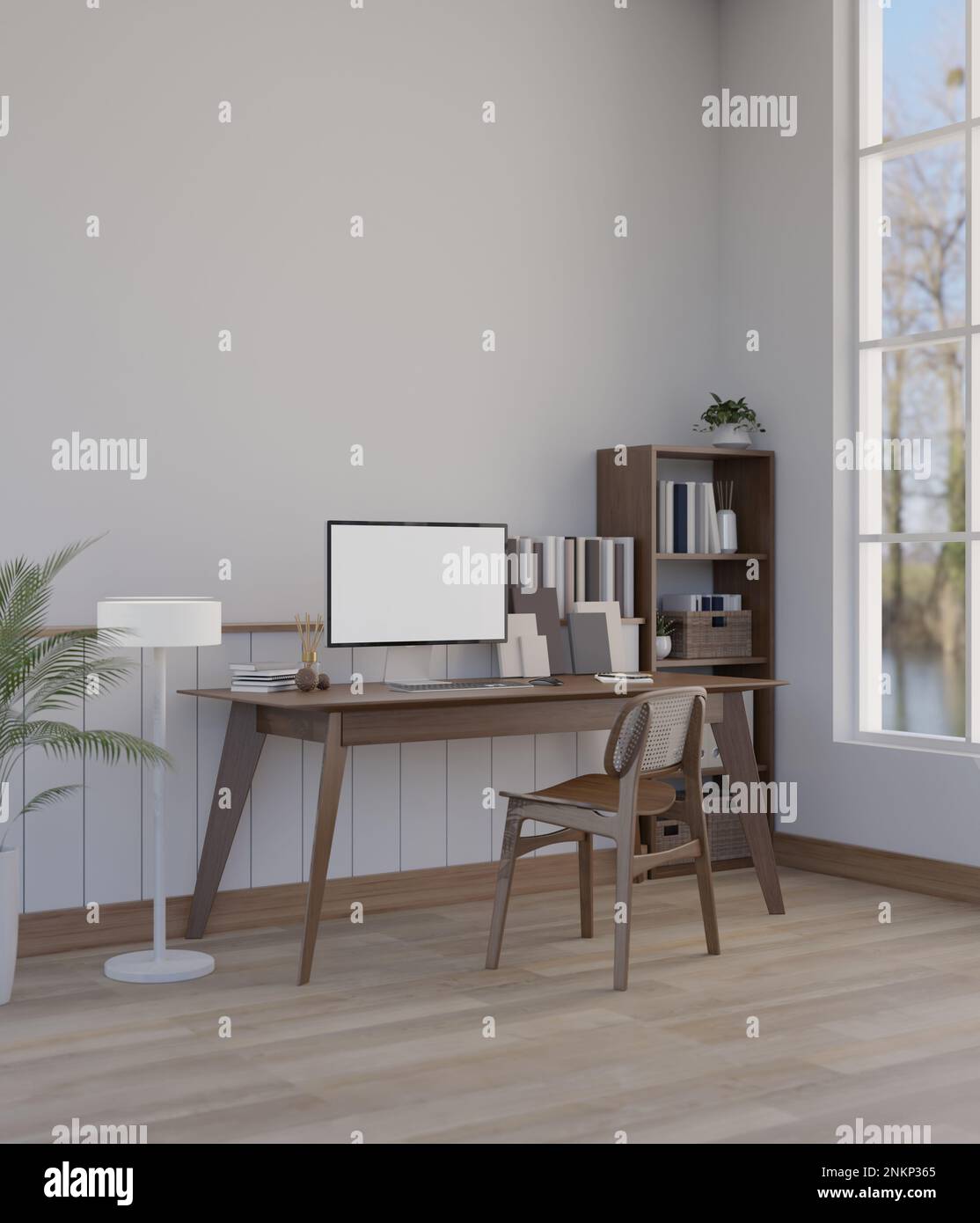 Side view of minimal Scandinavian home workspace interior design with ...