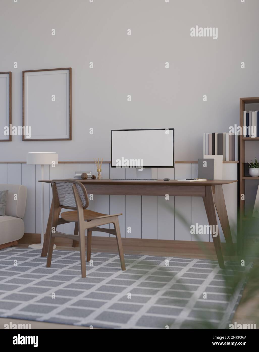 Cozy minimal Scandinavian home living room with workspace interior ...