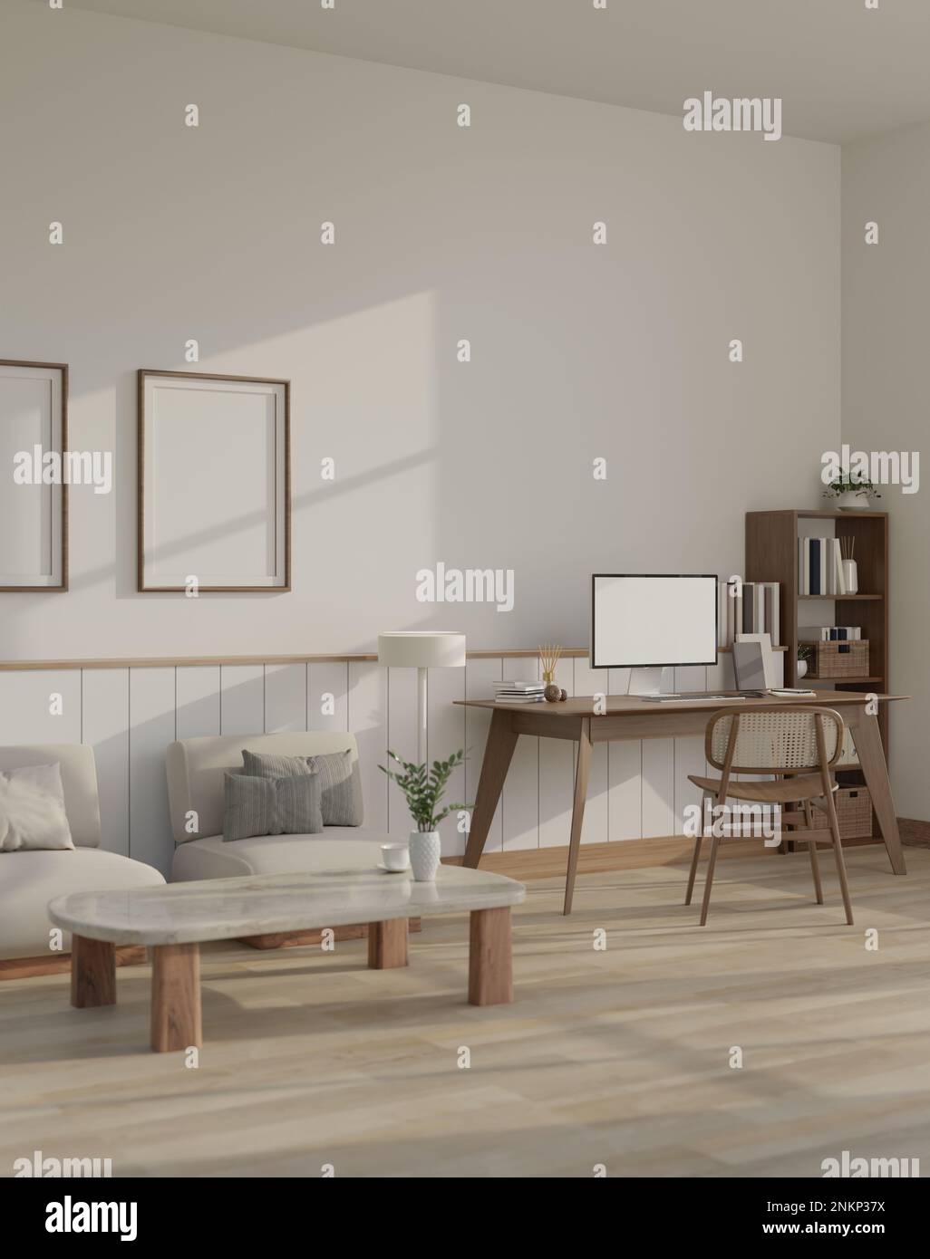 Cozy minimal Scandinavian home living room with workspace interior, PC computer white screen ...