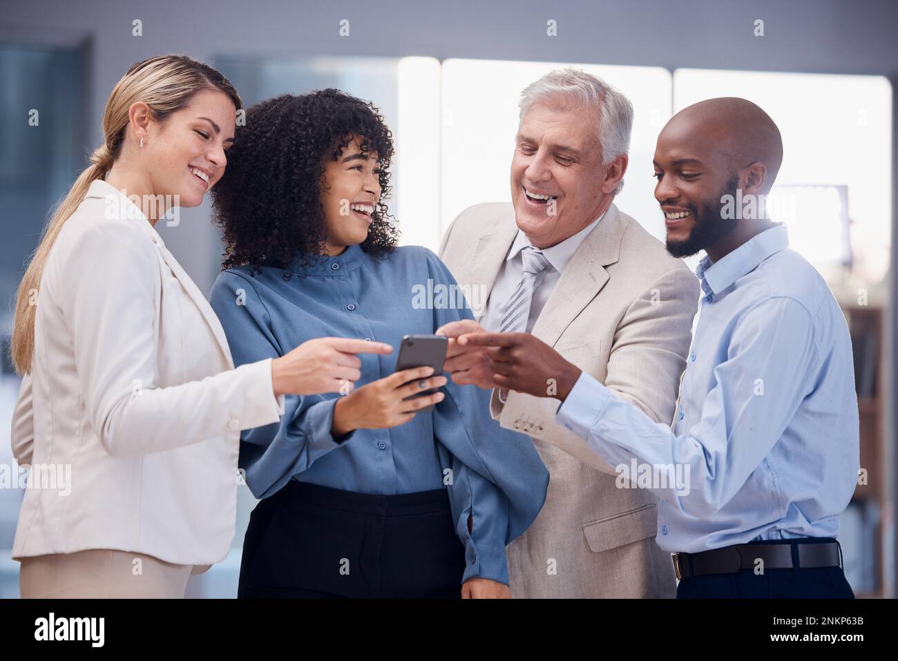 Business people, office and smartphone for meme, laugh or comic ...