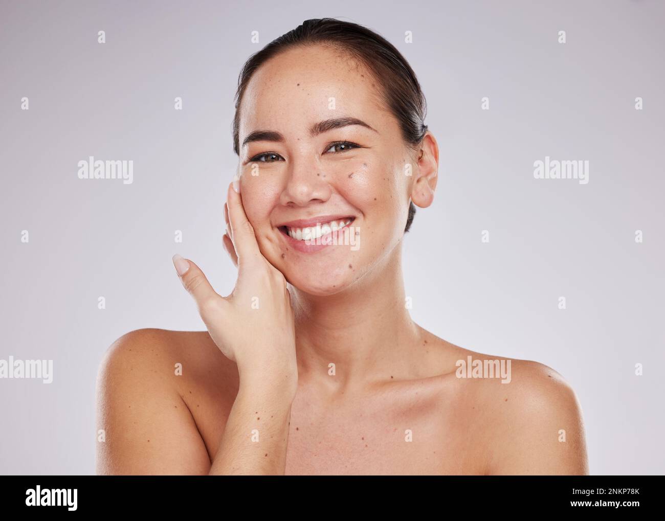Face portrait, smile and skincare of Asian woman in studio isolated on ...