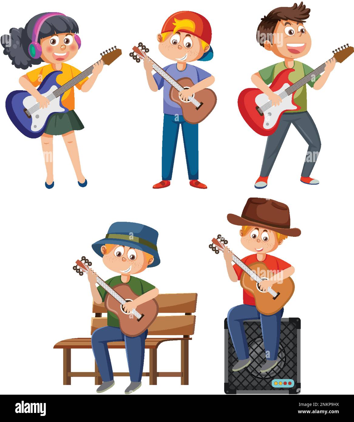 Set of cartoon kids character with music instruments illustration Stock ...