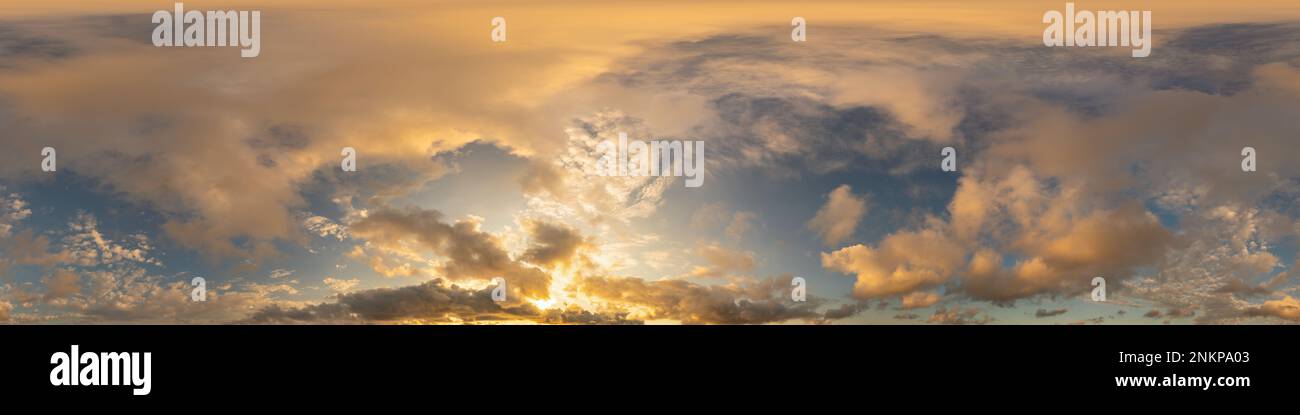 Golden glowing red orange overcast sunset sky panorama. Hdr seamless ...