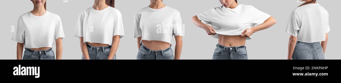 Mockup of white crop top on beautiful girl in jeans, fashion clothes ...