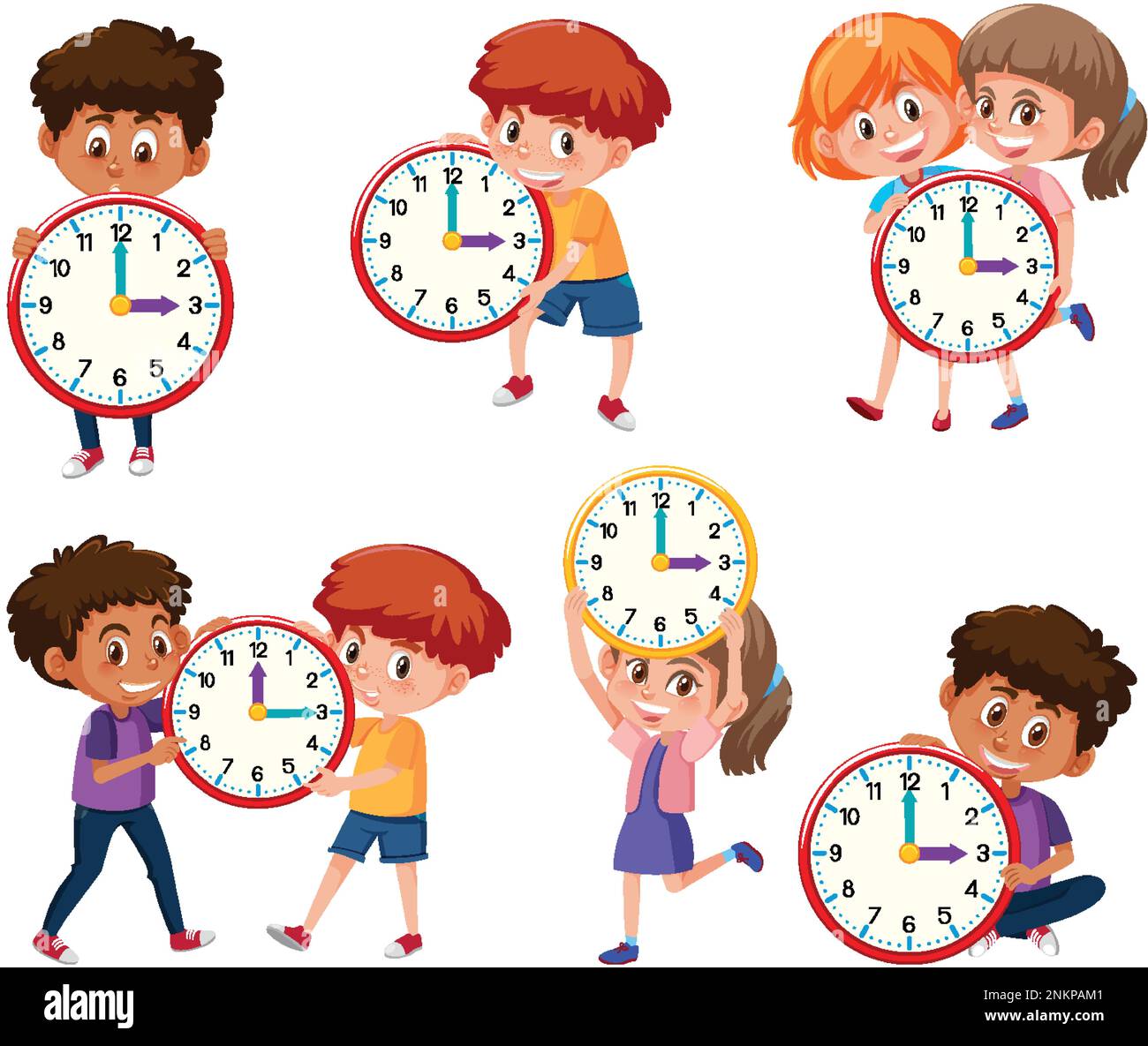 Set of children cartoon character holding clock illustration Stock ...