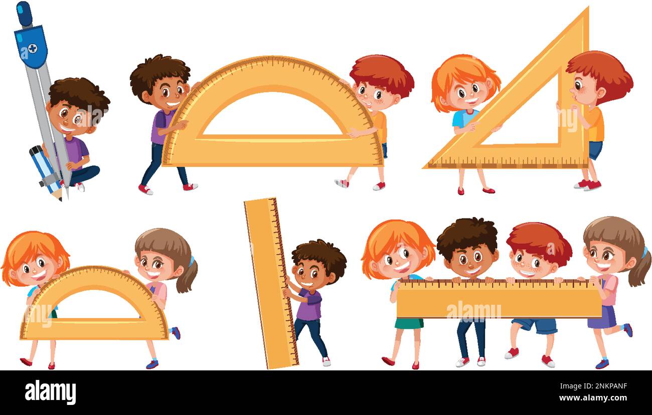 Set of children cartoon character holding math tools illustration Stock ...