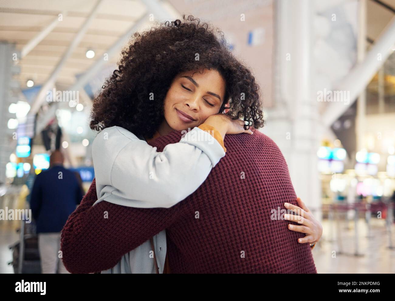 Couple, hug and smile in goodbye at airport for travel, trip or flight ...