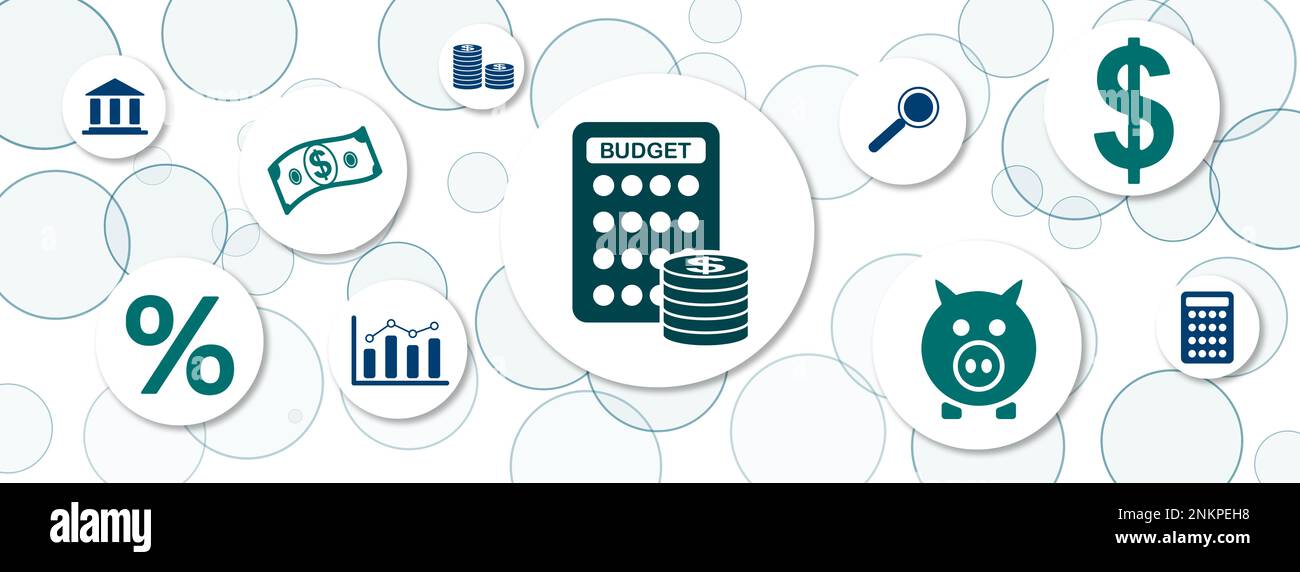 Concept of budget with icons on circles Stock Photo - Alamy