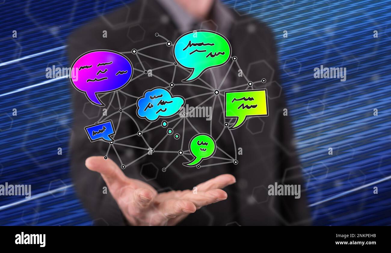 Communication network concept above the hand of a man in background ...