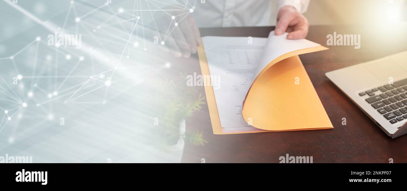Businessman opening folder with paper documents; panoramic banner Stock ...