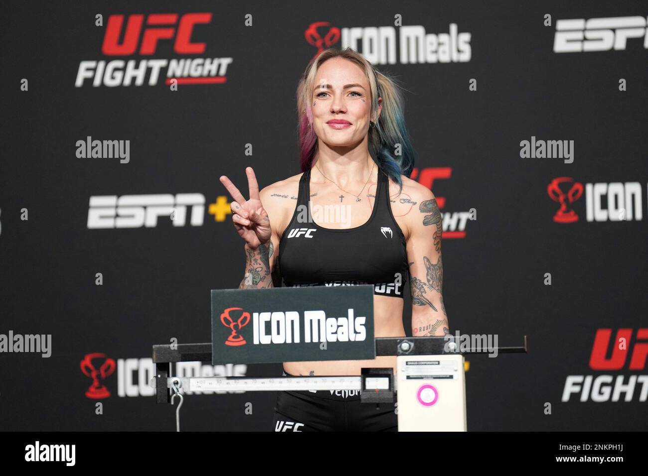 LAS VEGAS, NV - FEBRUARY 18: Jessica-Rose Clark steps on the scale for ...
