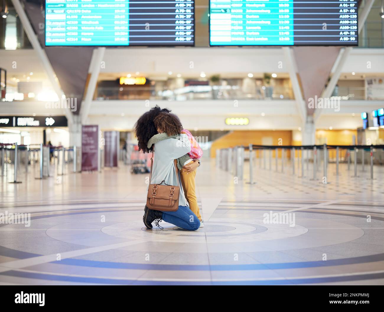 Mother hug child at airport for travel journey, welcome home reunion or ...