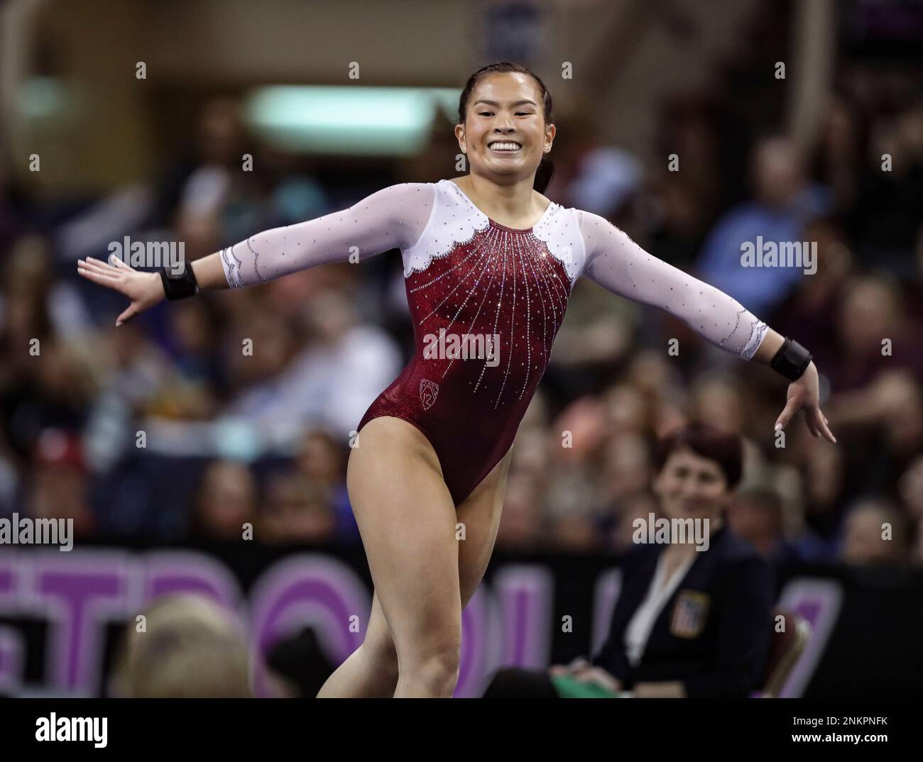 February 19, 2022: Stanford's Morgan Hoang smiles during her floor ...