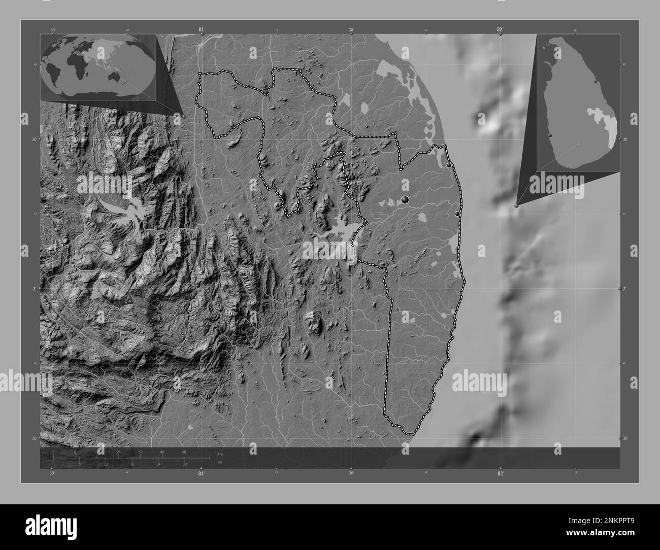 Ampara, district of Sri Lanka. Bilevel elevation map with lakes and ...