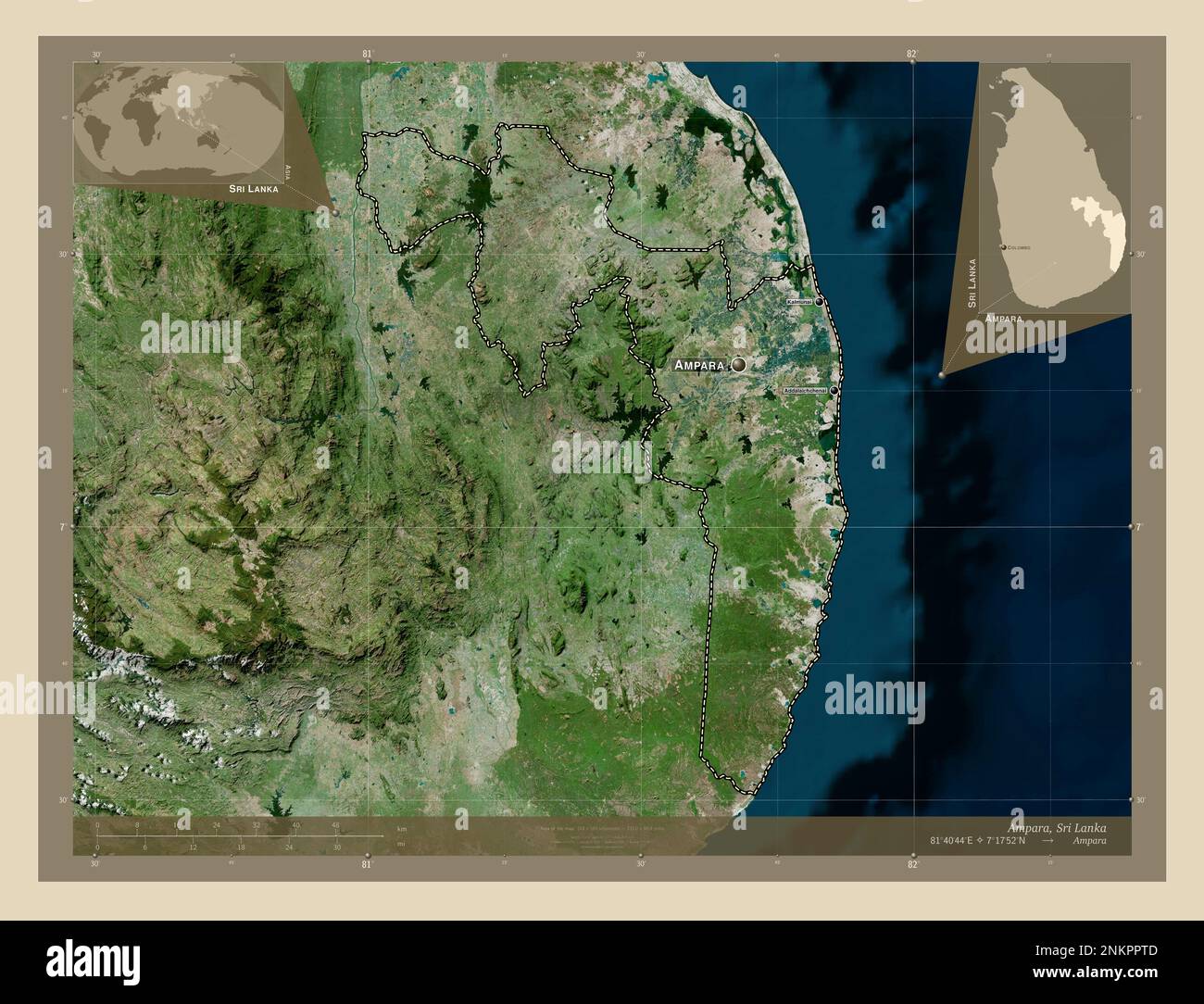 Ampara, district of Sri Lanka. High resolution satellite map. Locations ...