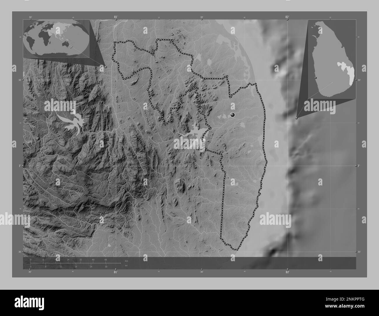Ampara, district of Sri Lanka. Grayscale elevation map with lakes and ...