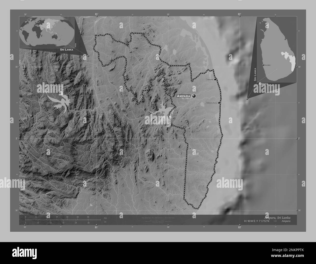 Ampara, district of Sri Lanka. Grayscale elevation map with lakes and ...
