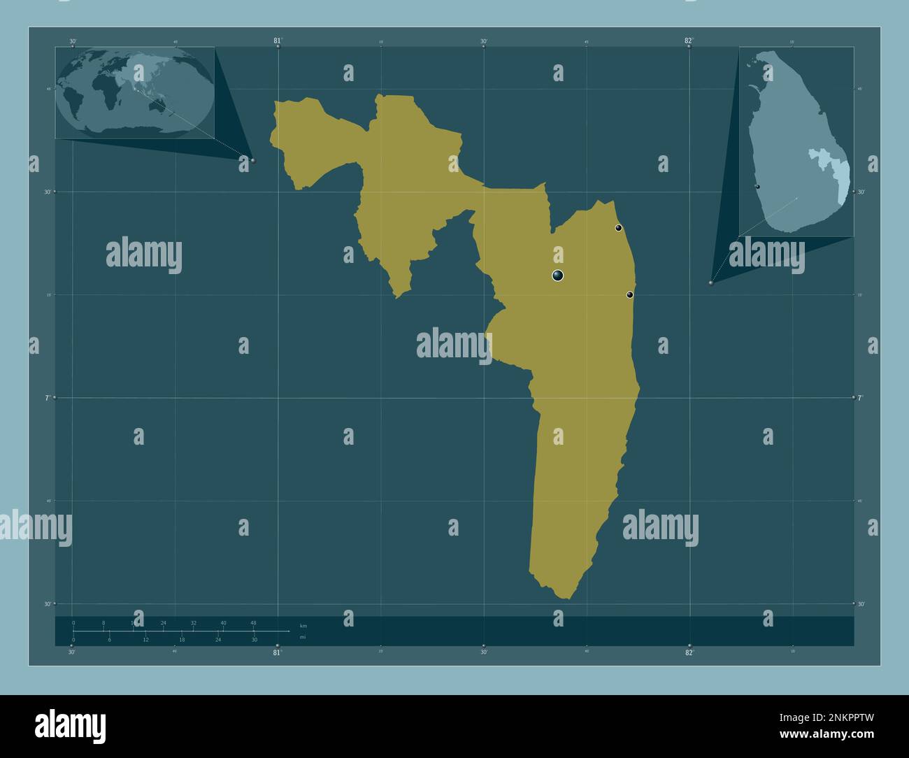 Ampara, district of Sri Lanka. Solid color shape. Locations of major ...
