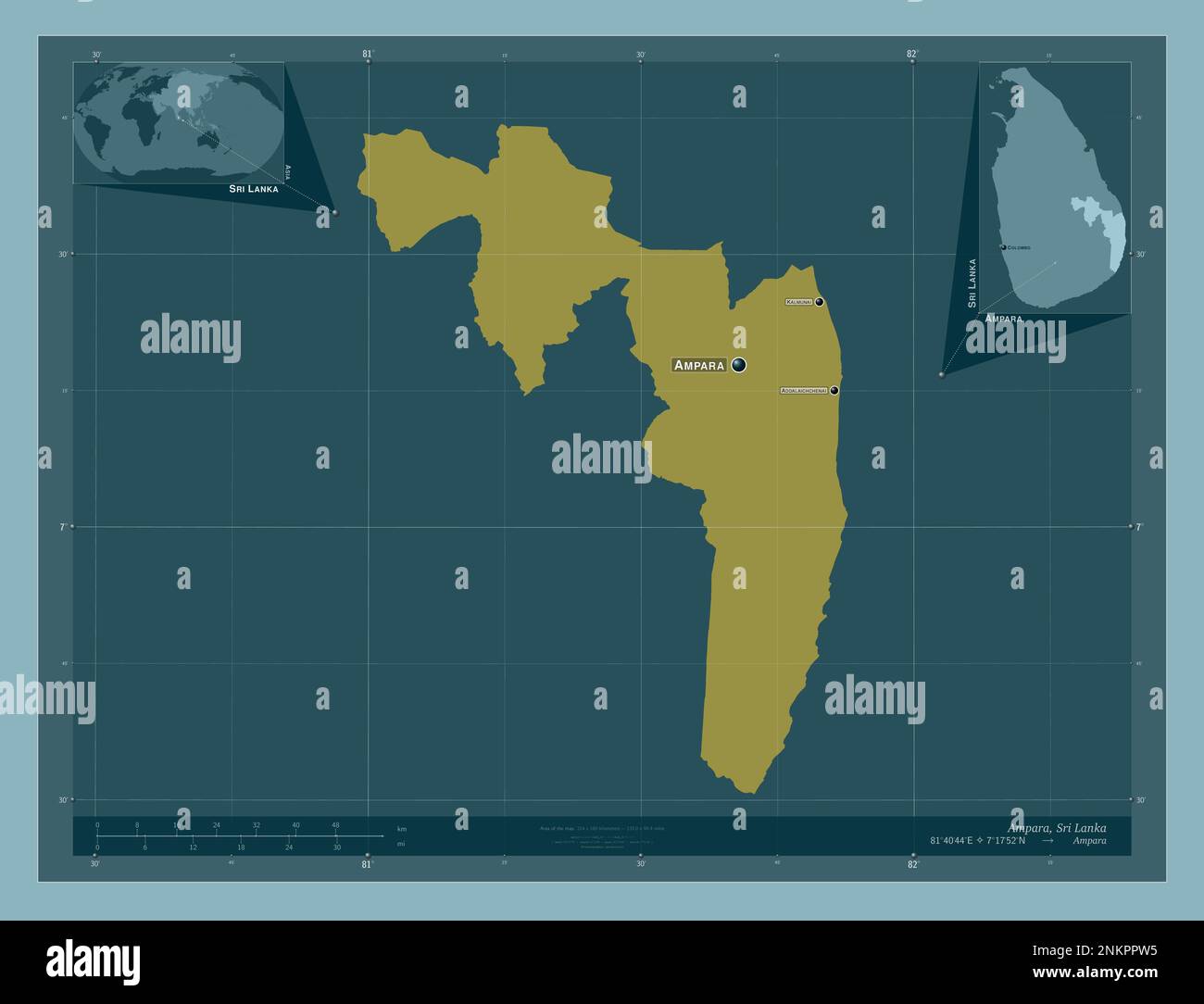 Ampara, district of Sri Lanka. Solid color shape. Locations and names ...
