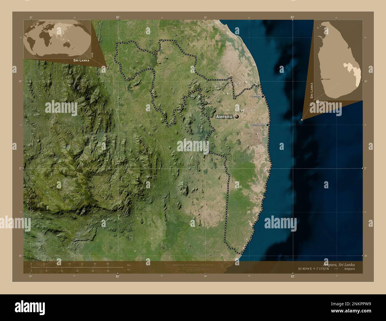 Ampara, district of Sri Lanka. Low resolution satellite map. Locations ...