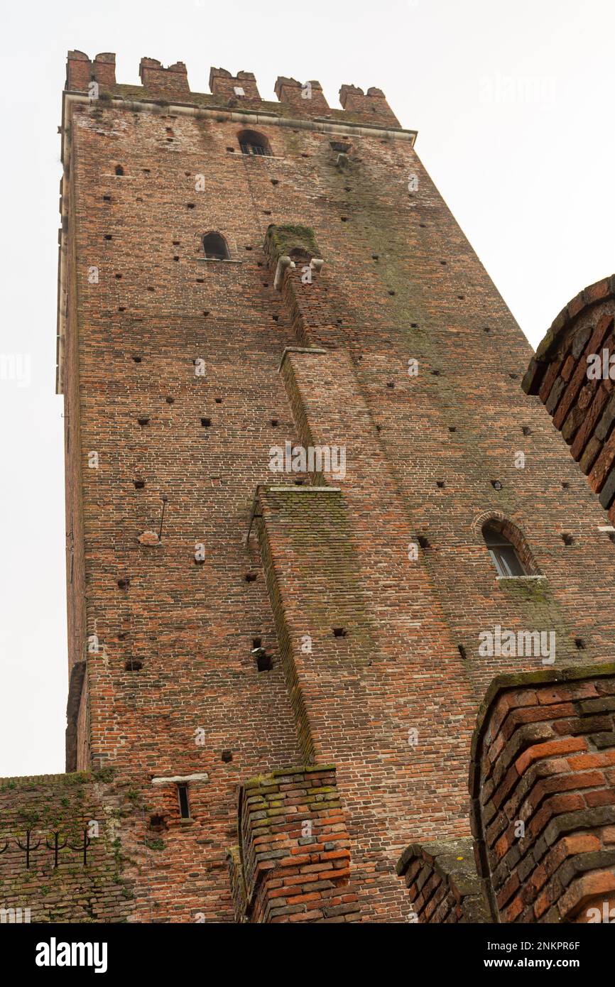 Wide upward view of Castelvecchio tower base and walls. Impressive ...