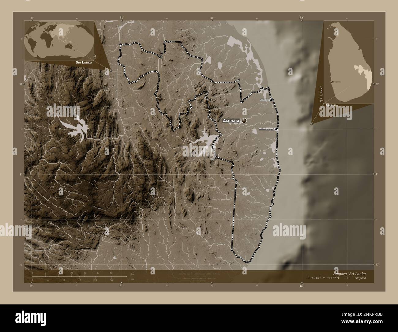 Ampara, district of Sri Lanka. Elevation map colored in sepia tones ...