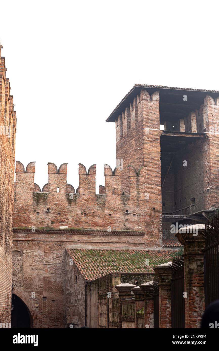 Castelvecchio castle tower and walls view. Historic medieval architecture with battlements ...