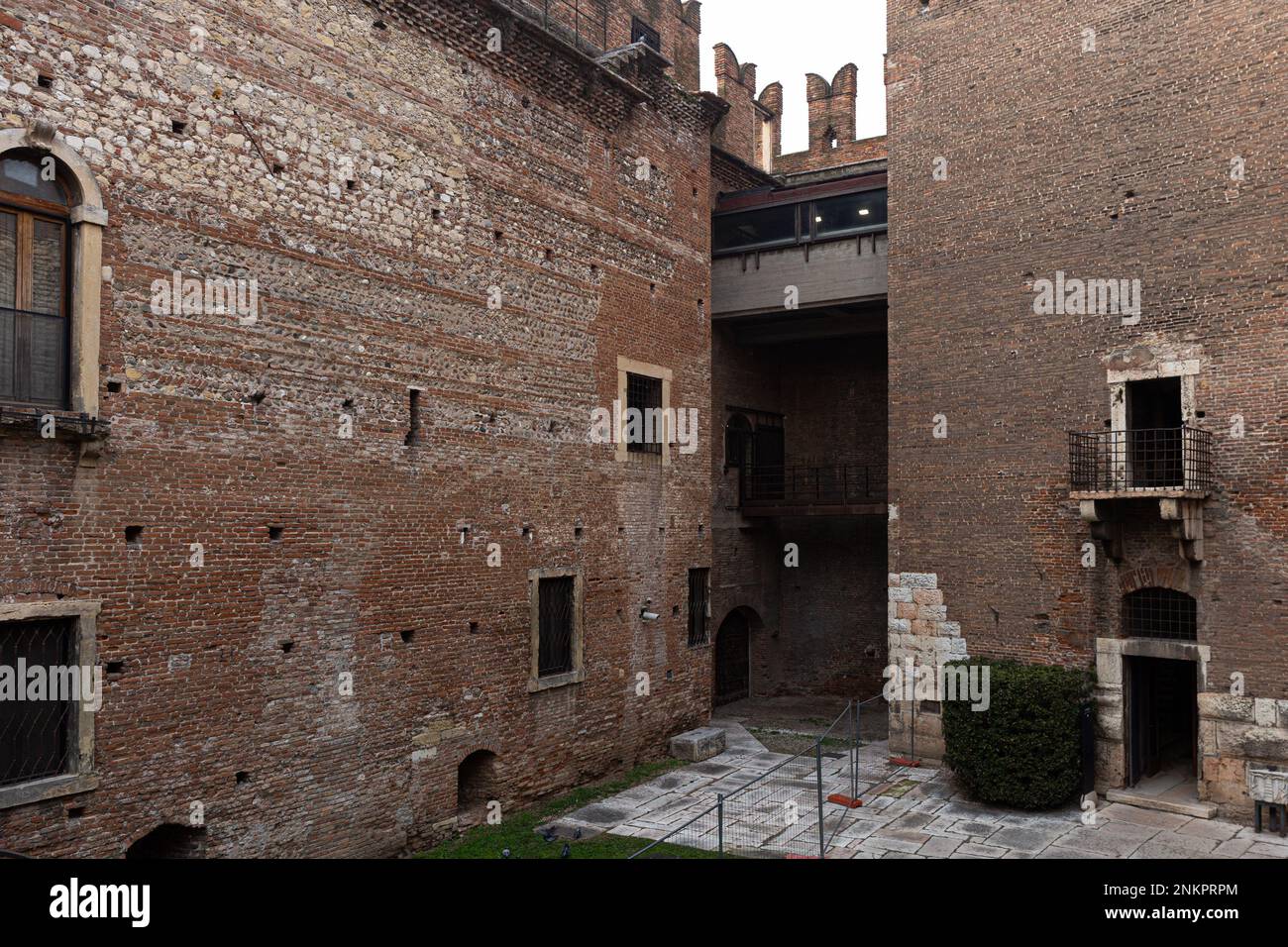 Medieval architecture inside Castelvecchio, Verona. View of walls ...